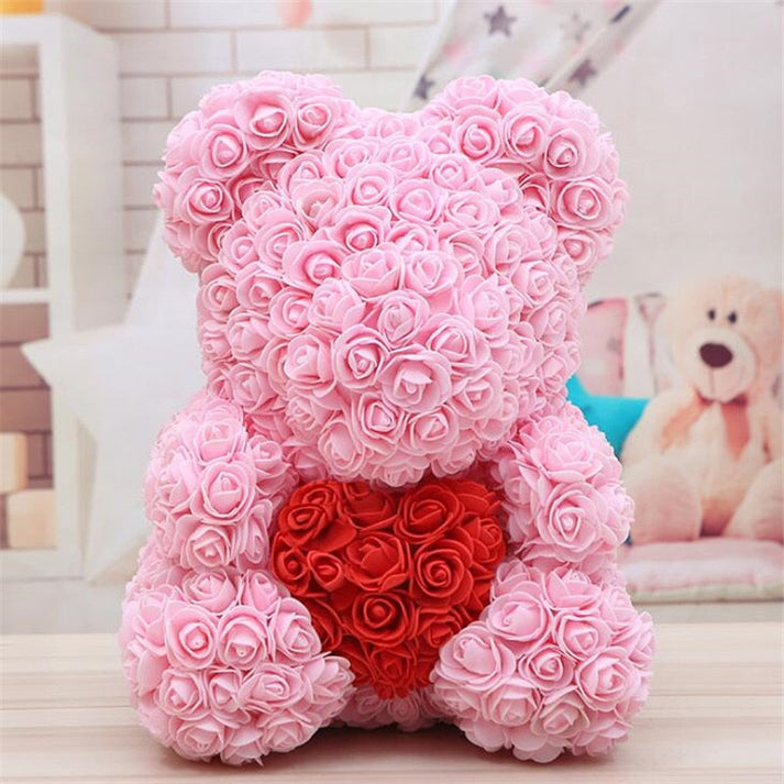 Light Pink Rose Bear With Red Rose Heart – Real Rose Bear